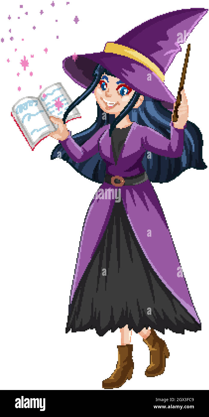 Young beautiful witch with magic wand and book cartoon style isolated ...