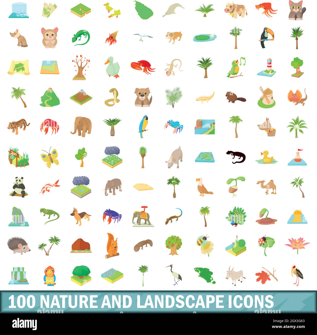100 nature and landscape icons set, cartoon style Stock Vector Image ...
