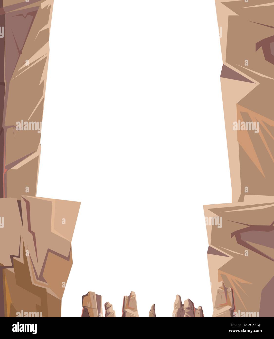 Rocky mountain gorge. Stone rocky landscape. Vertical frame. High peaks ...