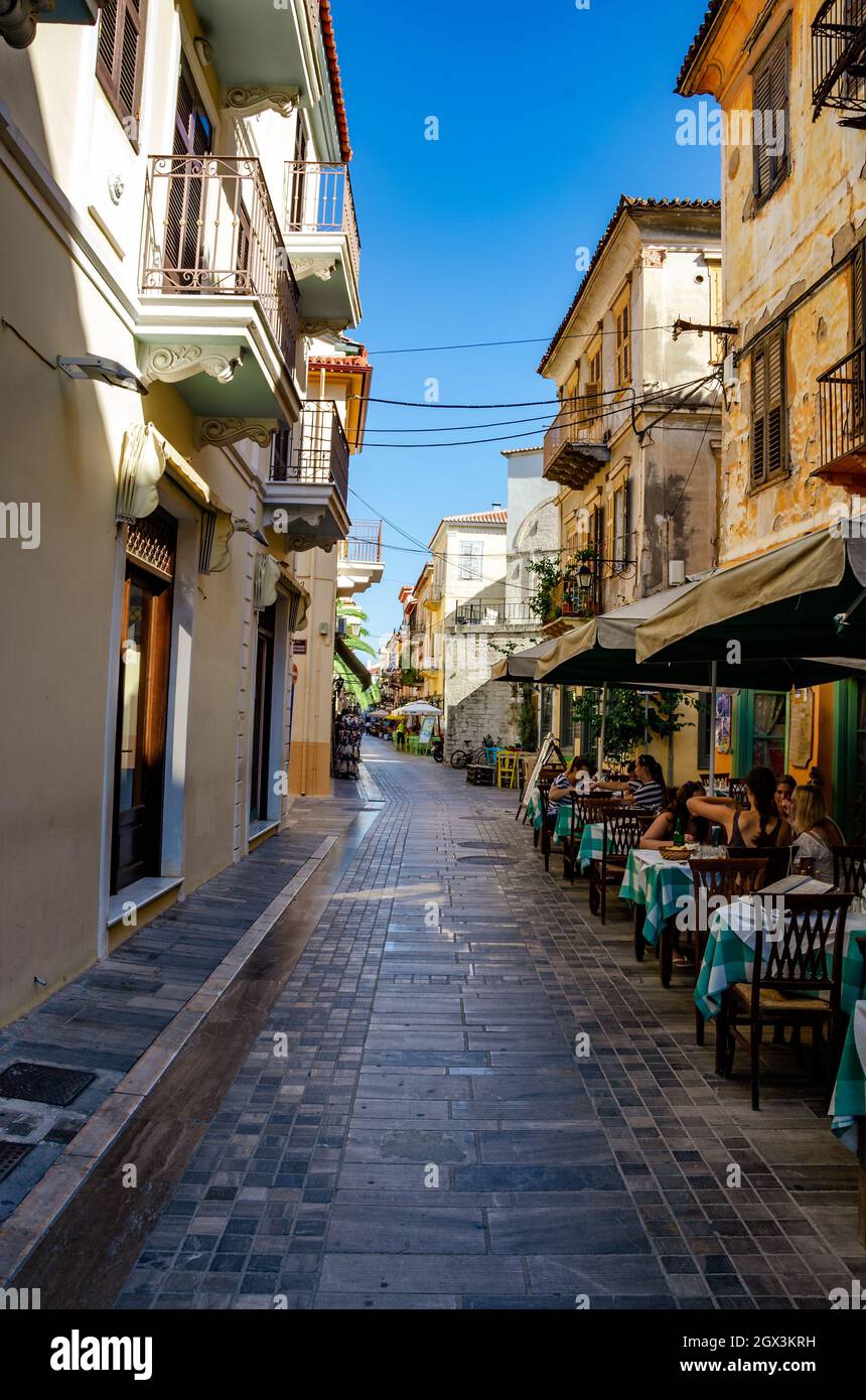 Beautiful decorated streets of Nafplion with traditional architectural ...