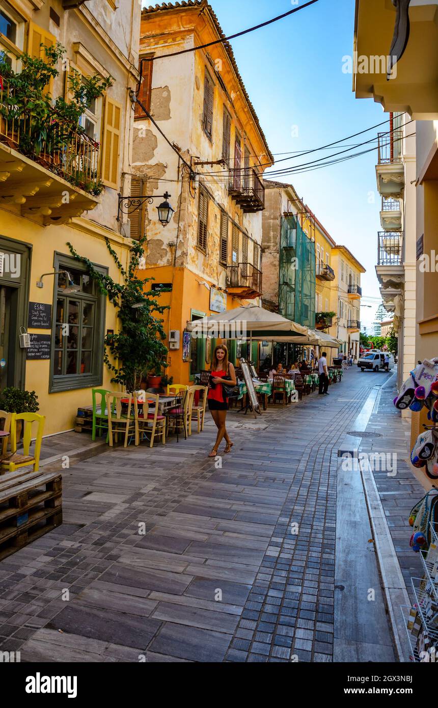 Beautiful decorated streets of Nafplion with traditional architectural ...