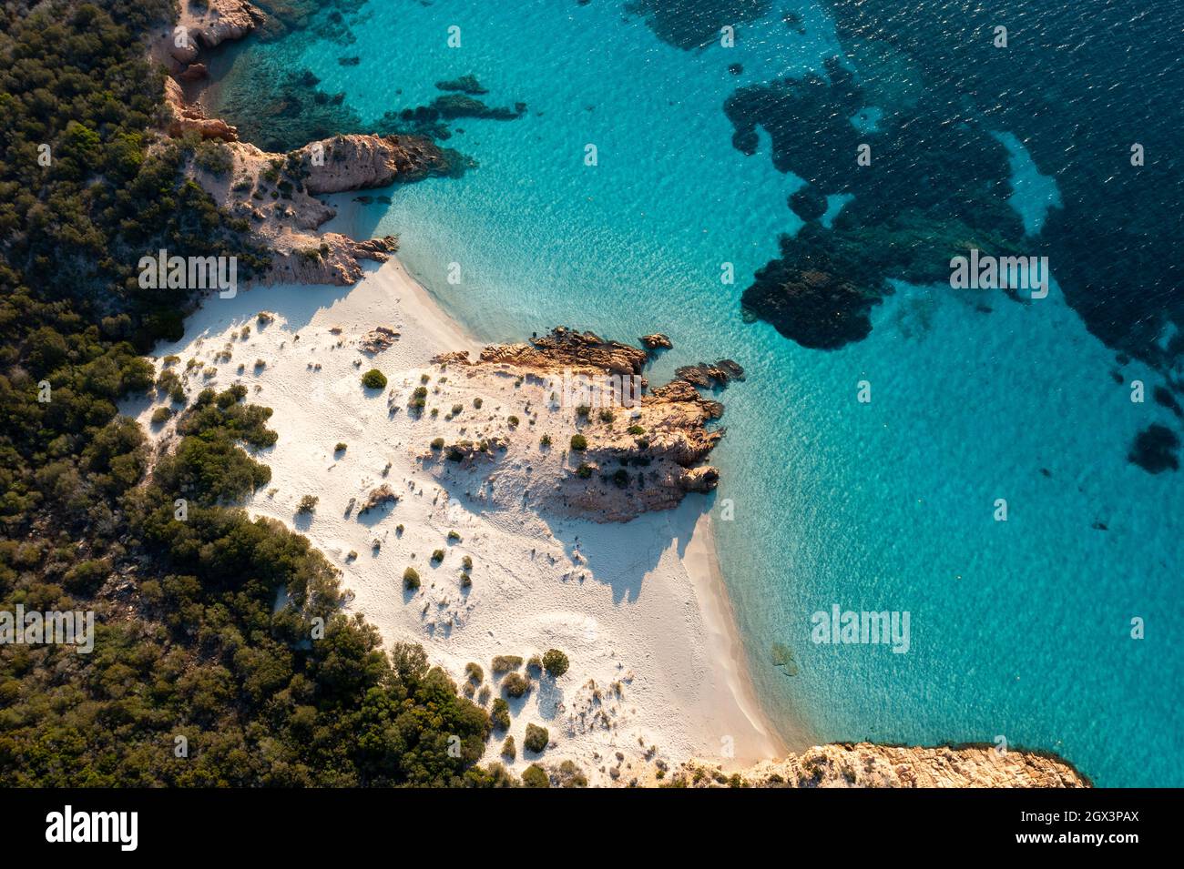 View from above, stunning aerial view of Spargi Island with Cala Soraya ...