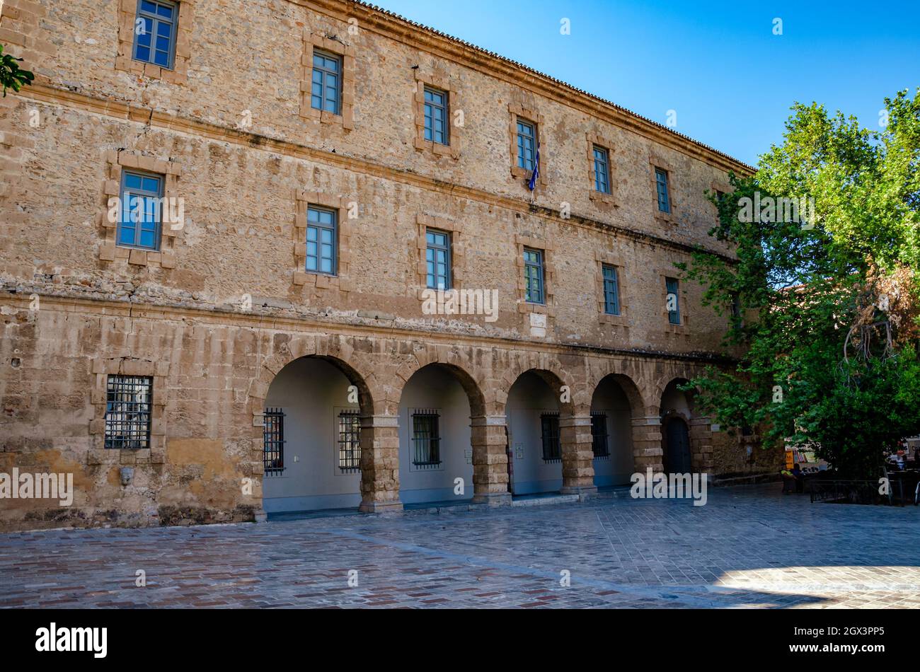 Beautiful decorated streets of Nafplion with traditional architectural ...