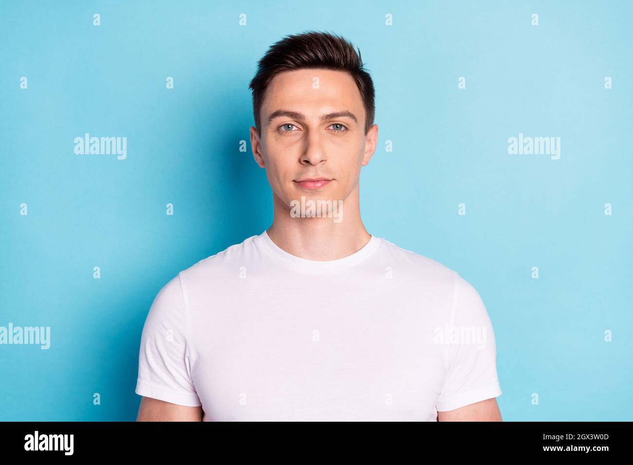 Photo of handsome brutal virile man look camera posing wear white t ...