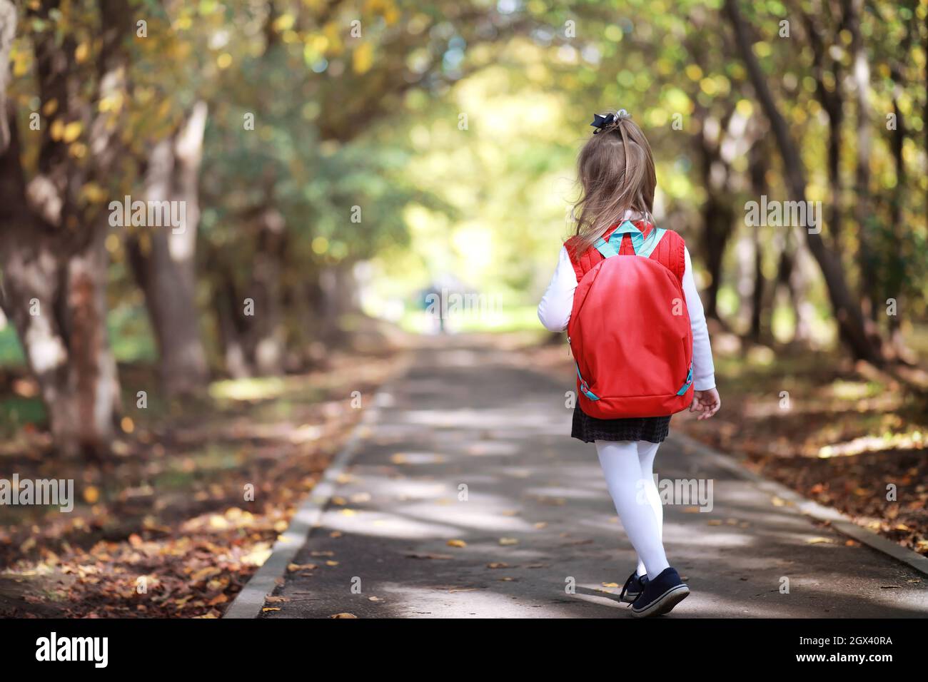 Children with briefcases for a walk in park. School break. The ...