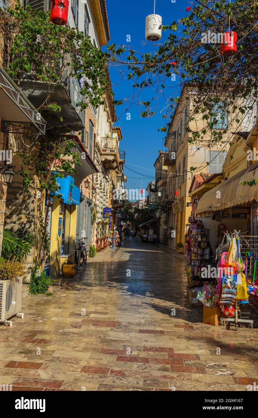 Beautiful decorated streets of Nafplion with traditional architectural ...