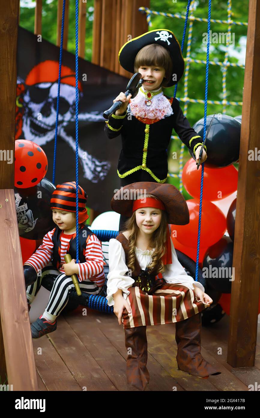 Children's party in pirate style. Children in pirate costumes are ...