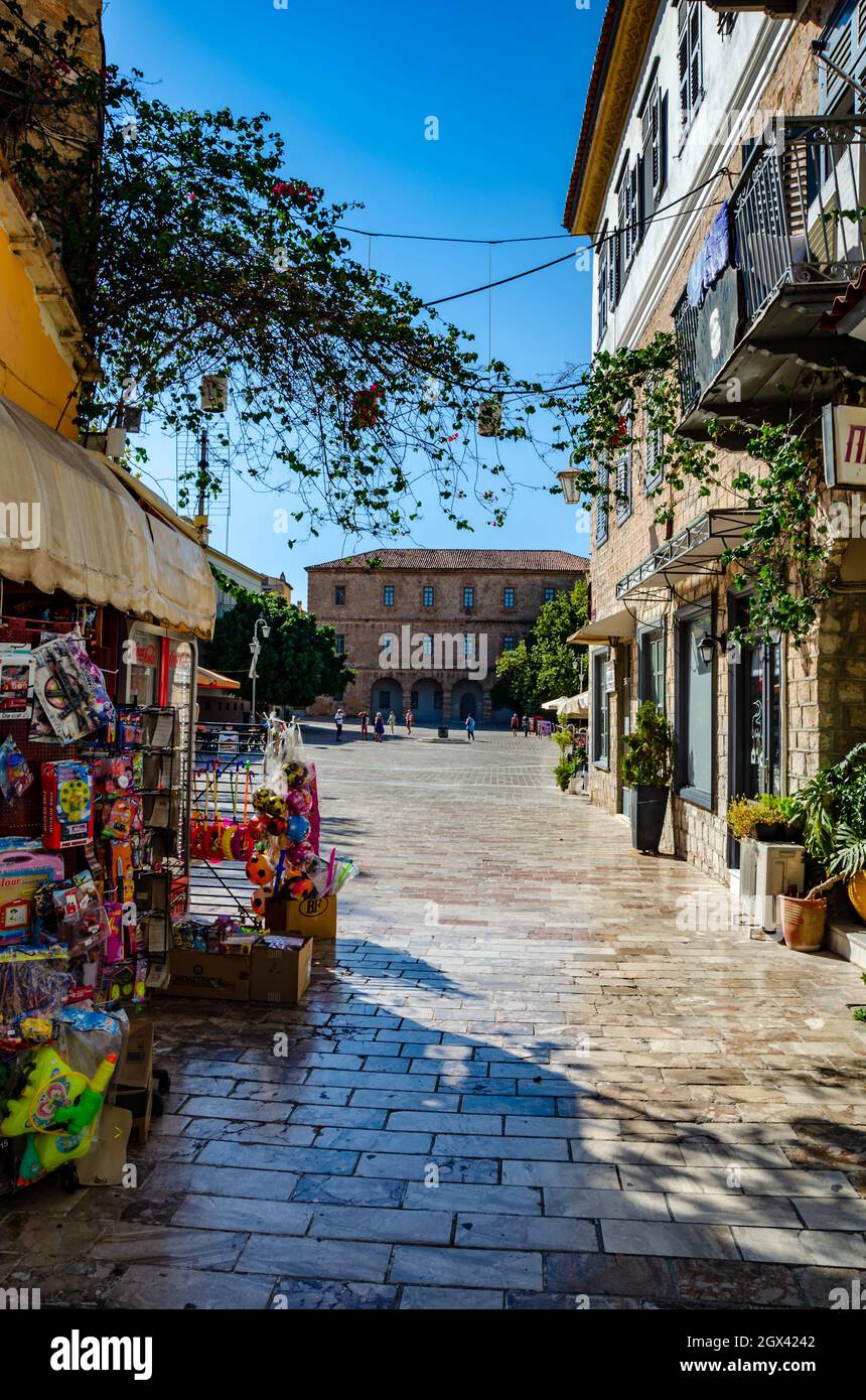 Beautiful decorated streets of Nafplion with traditional architectural ...
