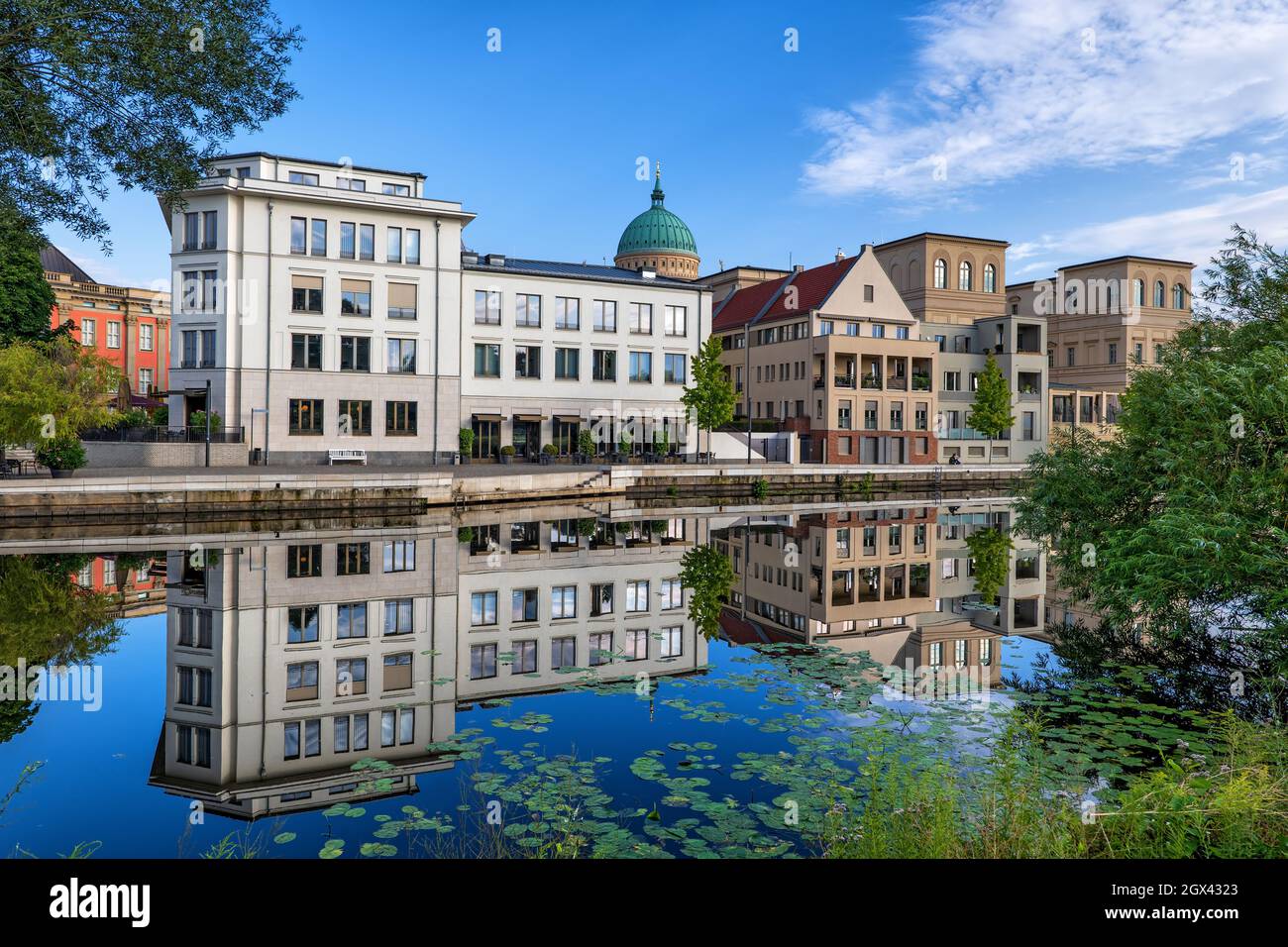 Potsdam city skyline at the Havel river with reflection in water ...