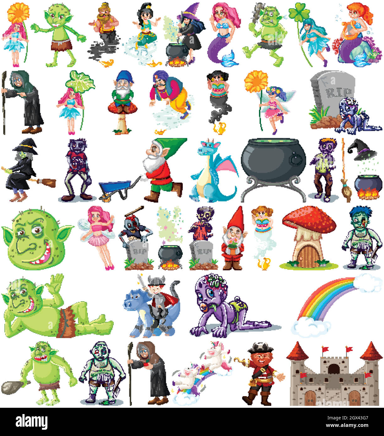 Set of fantasy cartoon characters and fantasy theme isolated on white ...