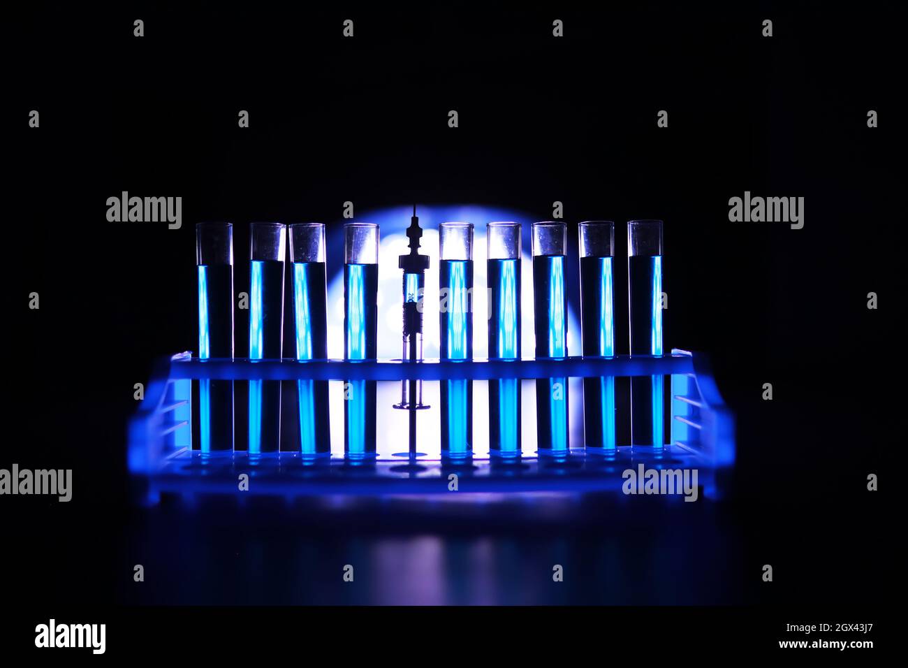 Test tube of glass overflows new liquid solution potassium blue ...