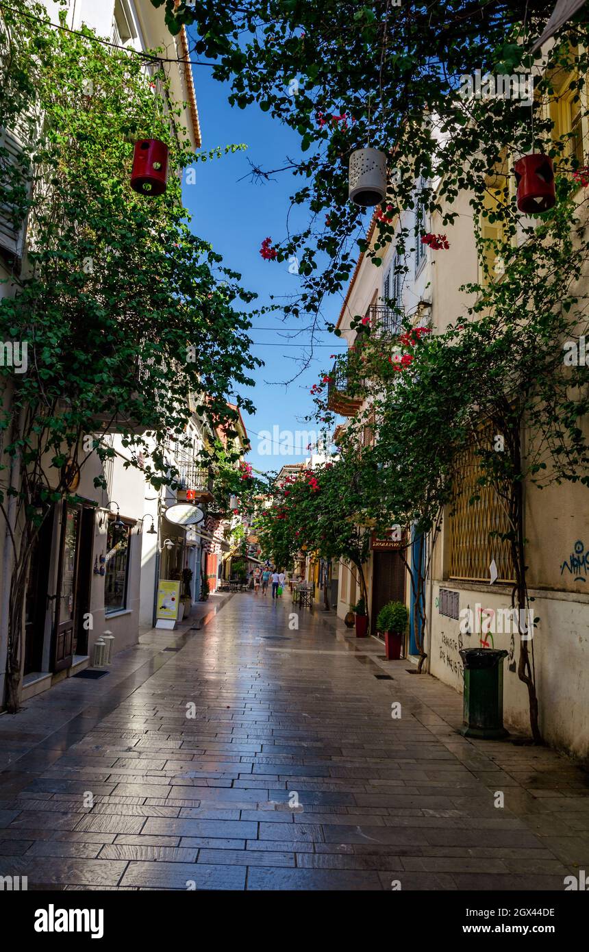 Beautiful decorated streets of Nafplion with traditional architectural ...
