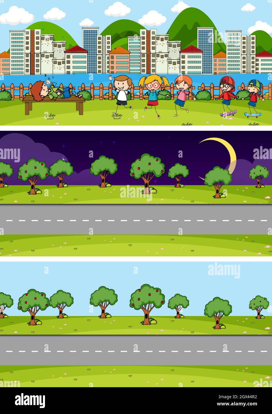 Set of different horizon scenes background with doodle kids cartoon ...