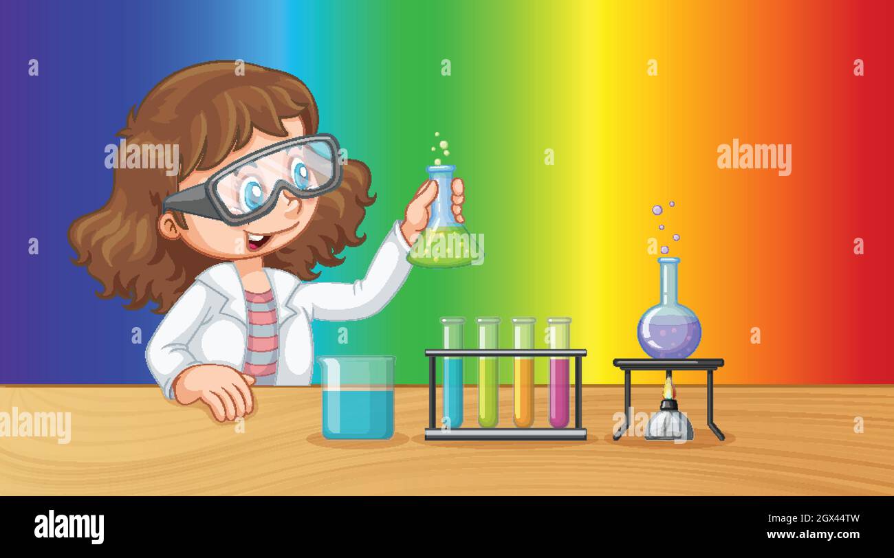 Scientist girl cartoon character on rainbow gradient background ...