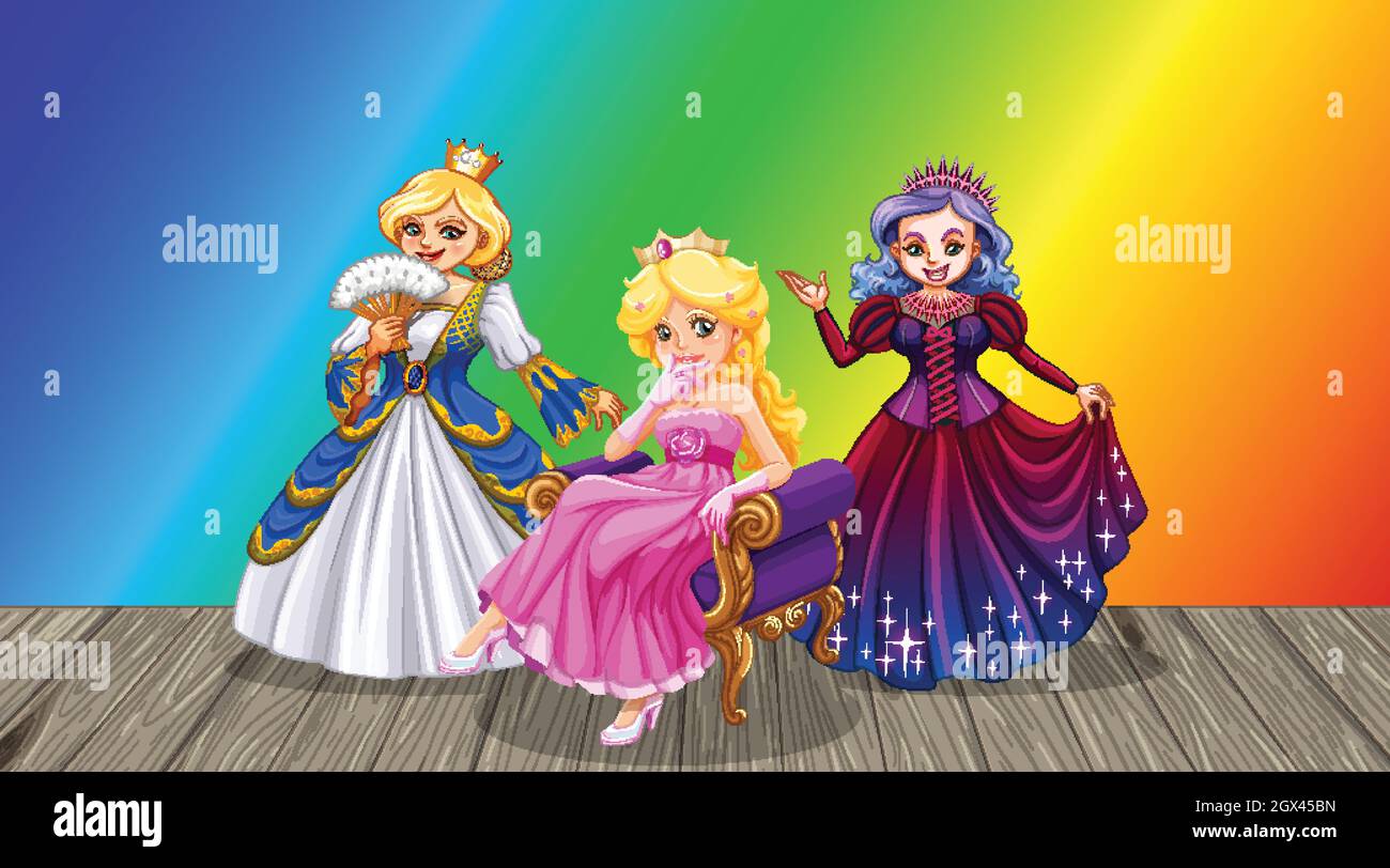 Princess cartoon character on rainbow gradient background illustration ...