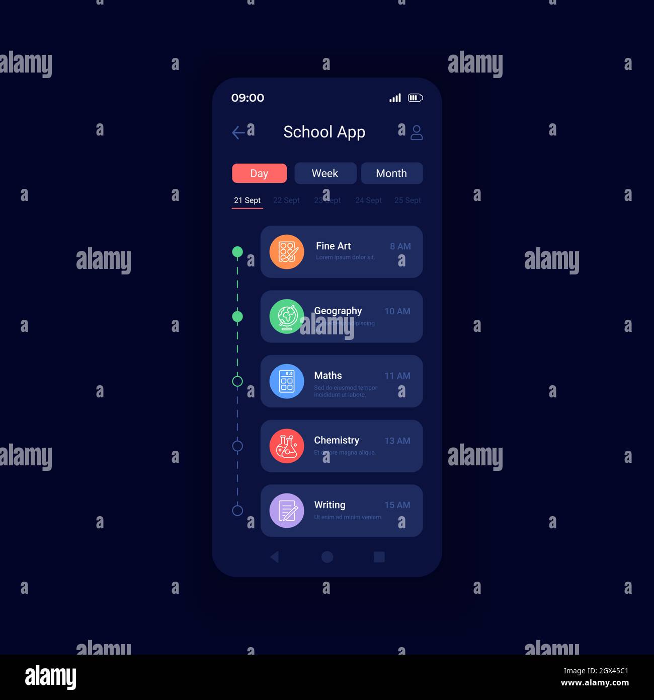 Learning courses list night mode smartphone interface vector template ...