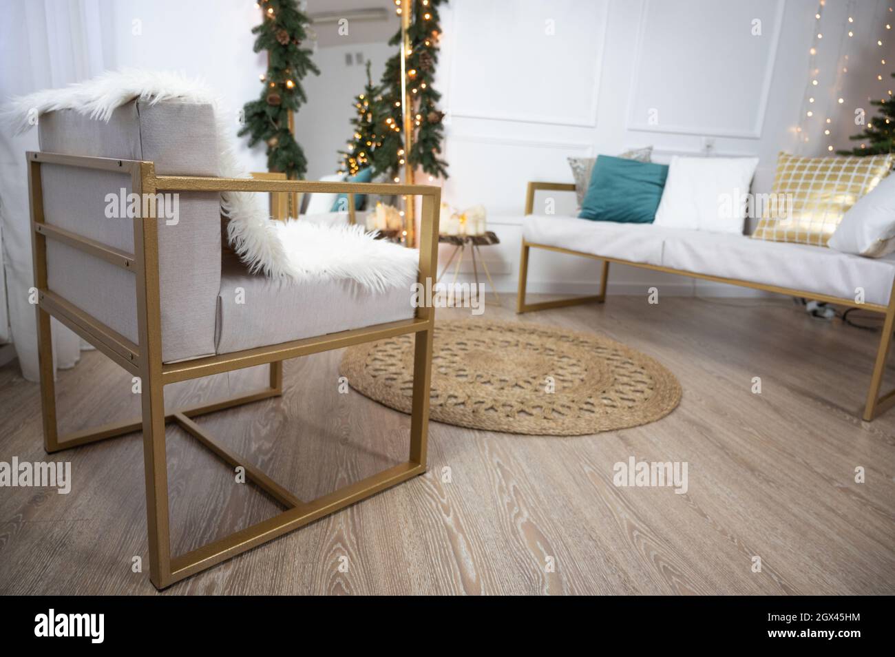 Christmas room interior design xmas tree decorated by lights Stock ...