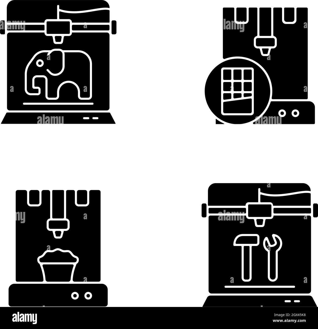 3d printed physical objects black glyph icons set on white space Stock ...