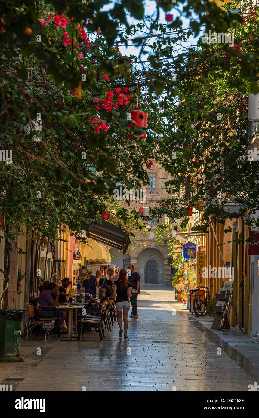 Beautiful decorated streets of Nafplion with traditional architectural ...