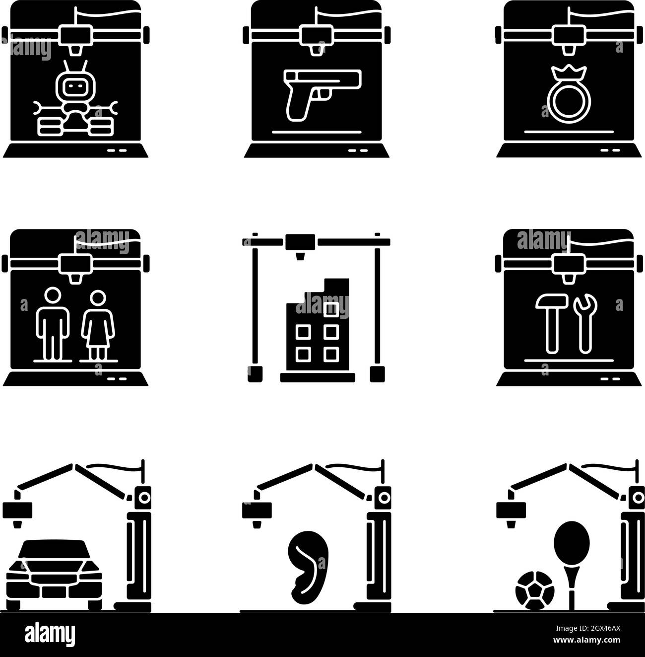 3d printing process black glyph icons set on white space Stock Vector ...