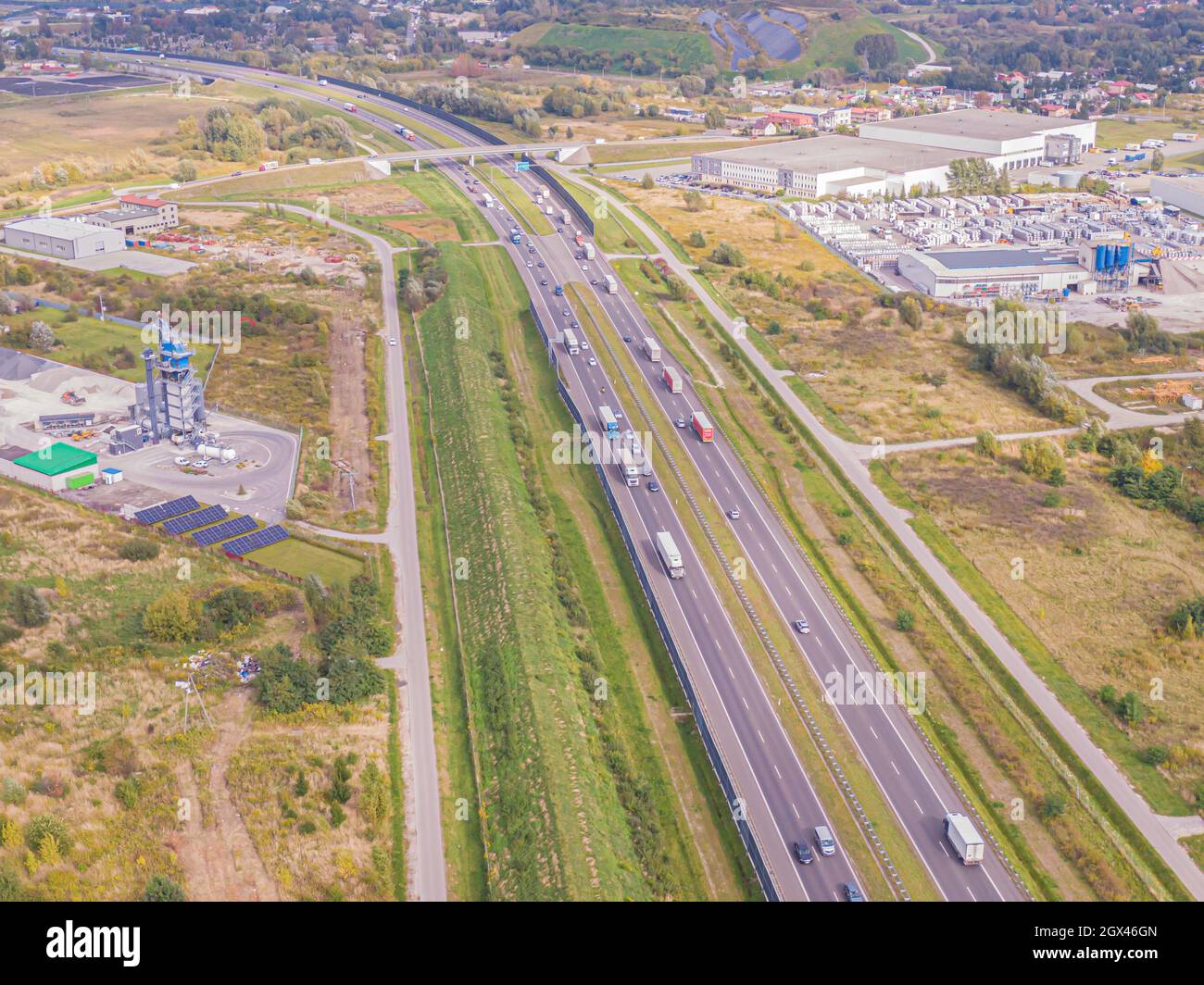 Aerial Top View of White Truck with Cargo Semi Trailer Moving on Road ...
