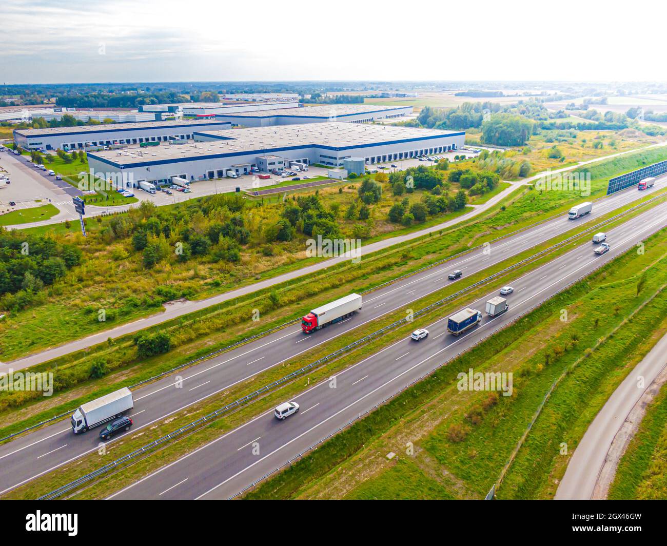 Aerial view of goods warehouse. Logistics center in industrial city ...