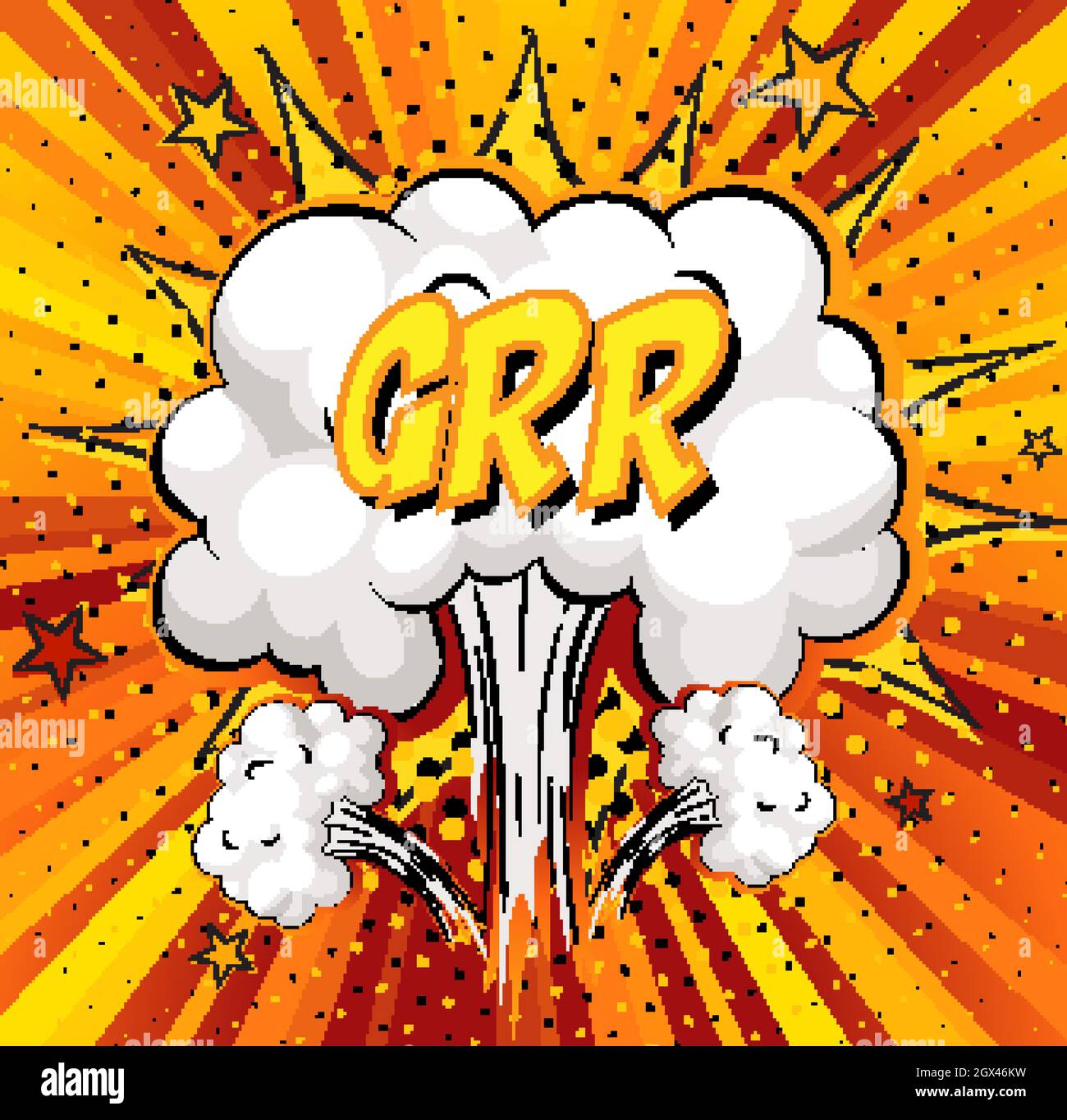 GRR text on comic cloud explosion on rays background illustration Stock ...