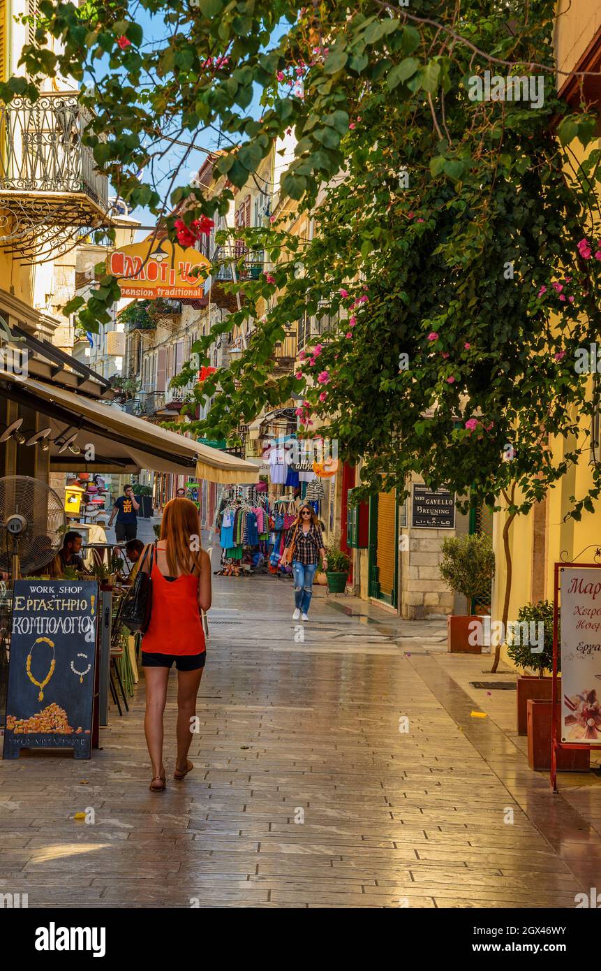 Beautiful decorated streets of Nafplion with traditional architectural ...