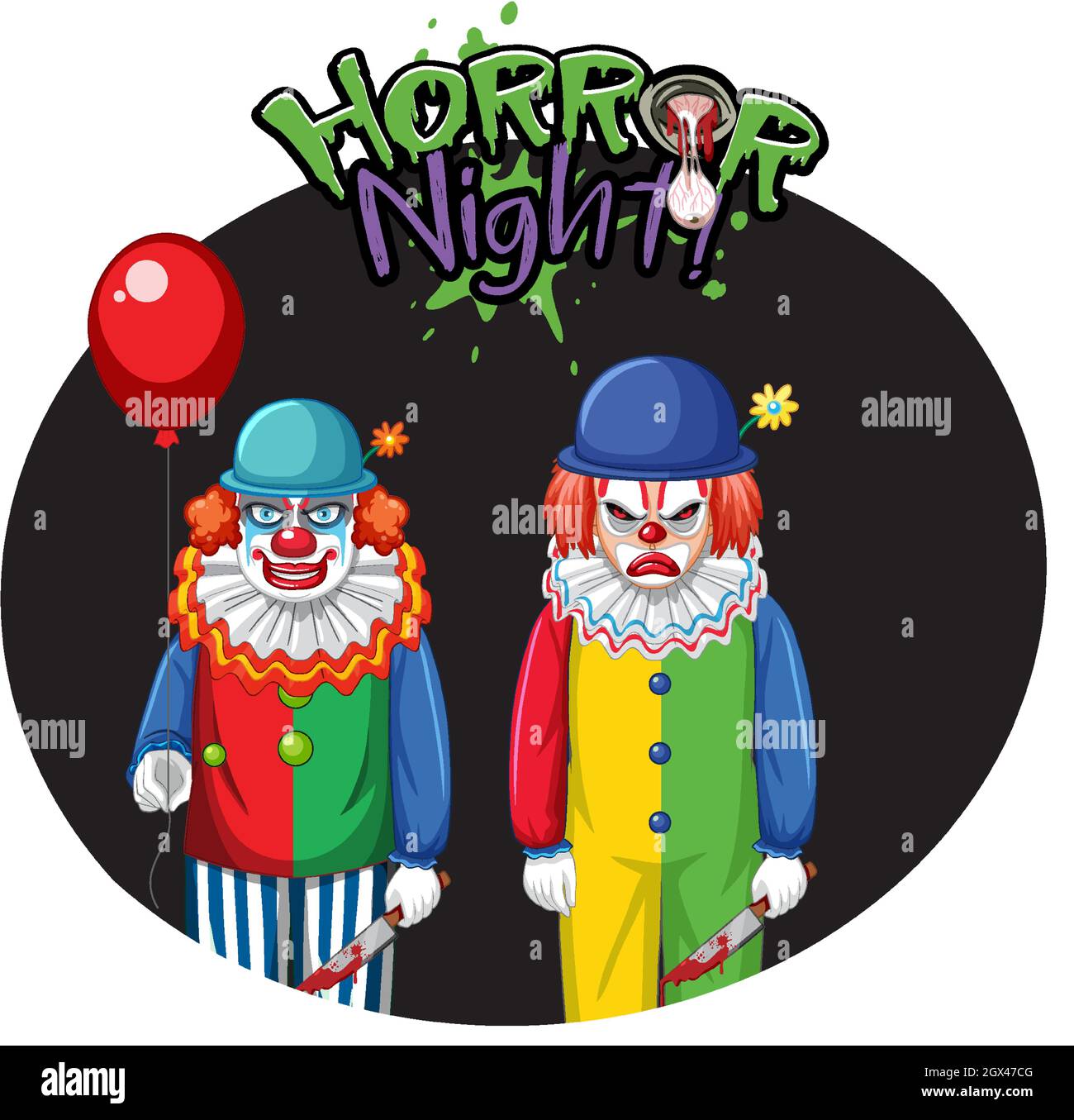 Horror Night badge with two creepy clowns illustration Stock Vector ...