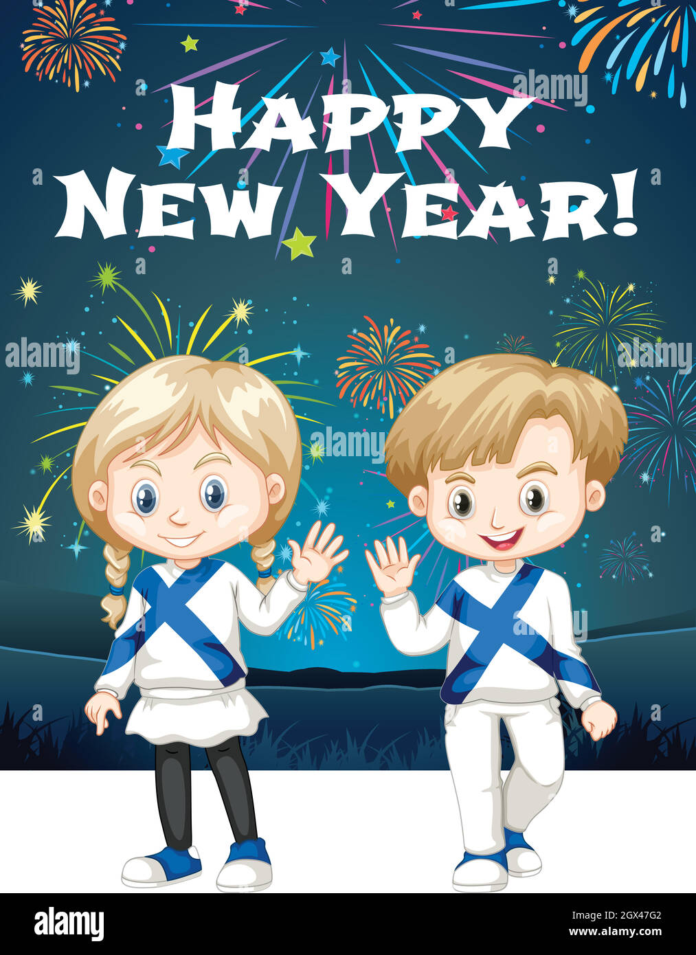 New Year poster with happy children waving hands Stock Vector Image ...