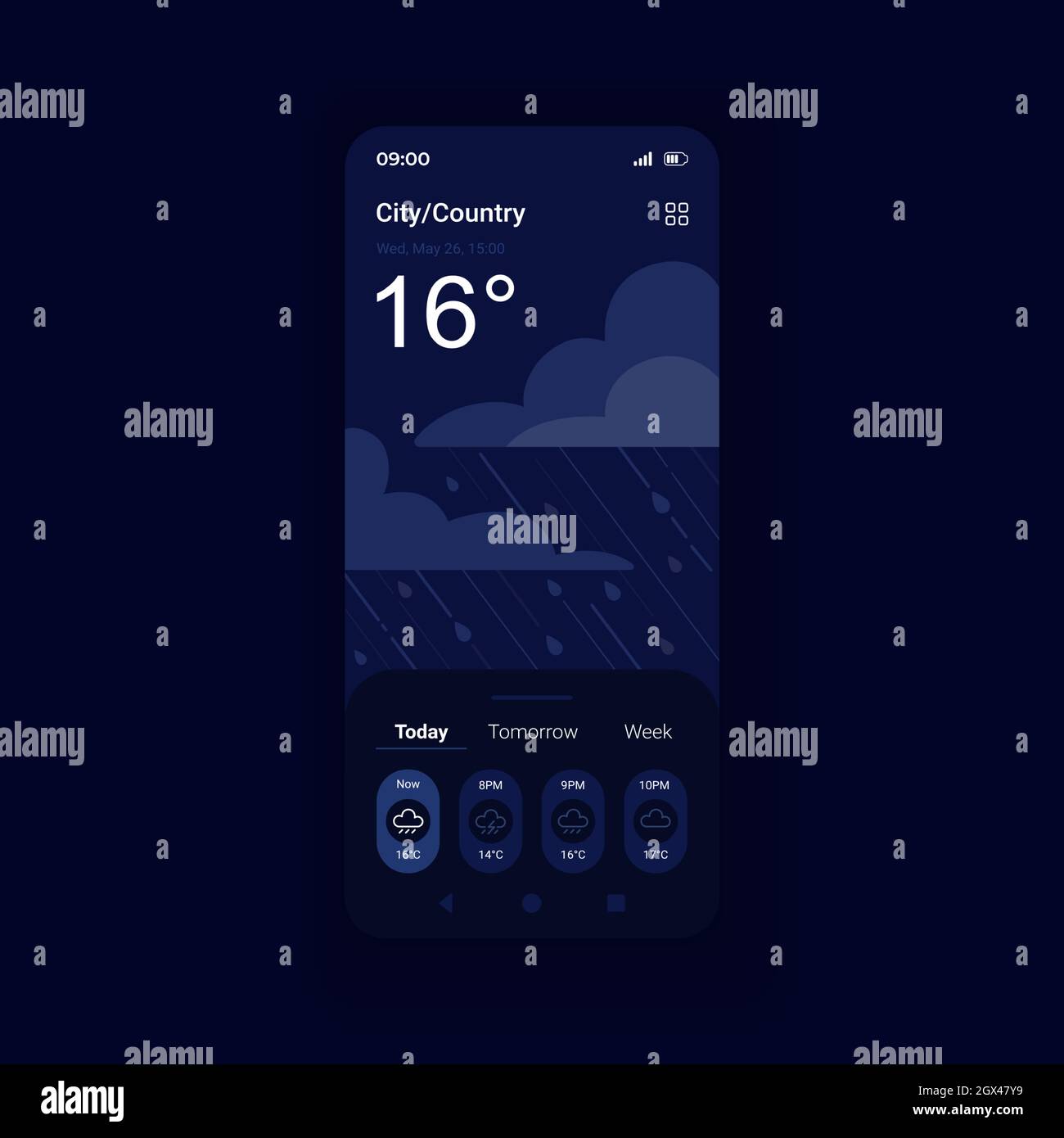 Storm weather forecast night mode smartphone interface vector template ...