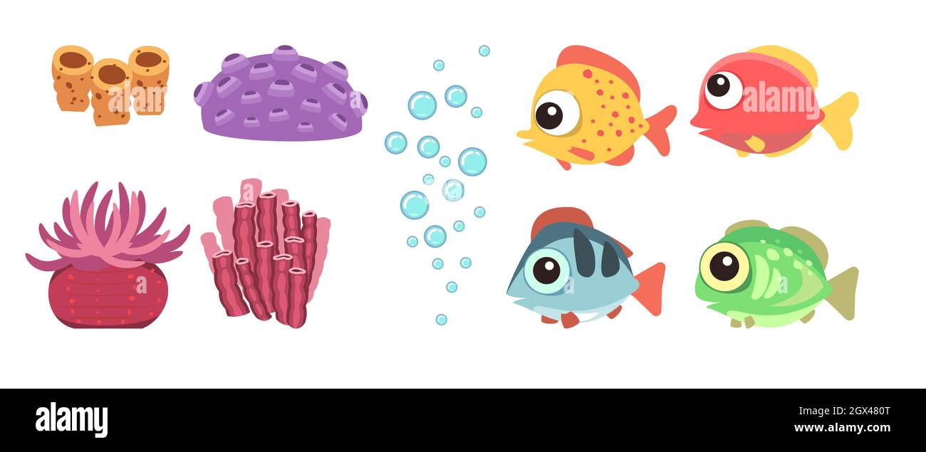 Set of marine objects: corals, plants, fish, algae and bubbles ...