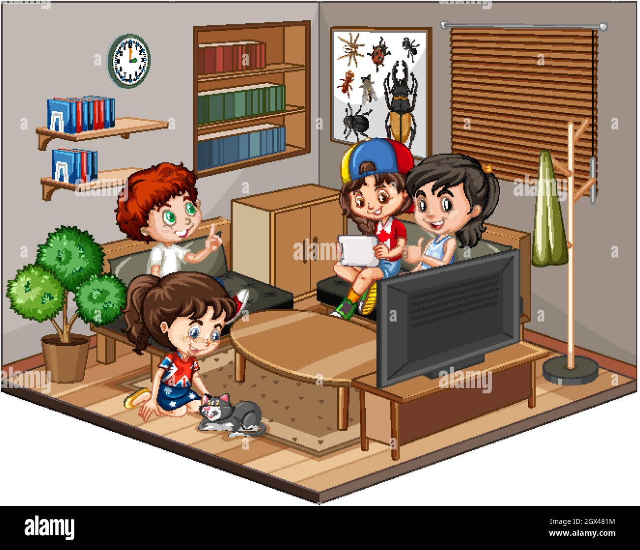 Kids in the living room scene on white background Stock Vector Image ...