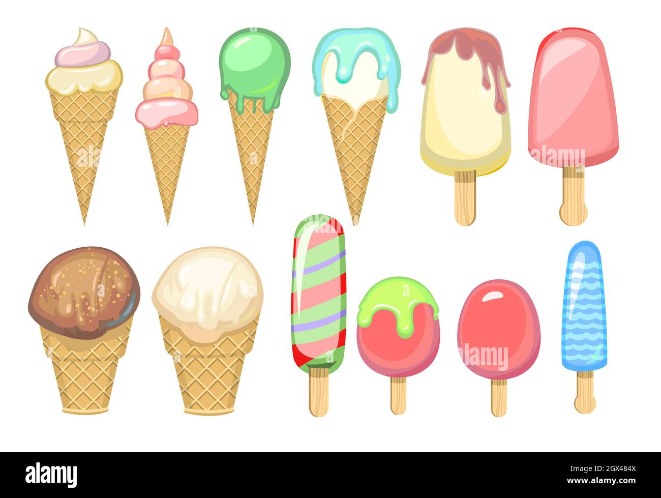 Ice cream set in of various waffle cone, popsicle on a stick. Summer ...