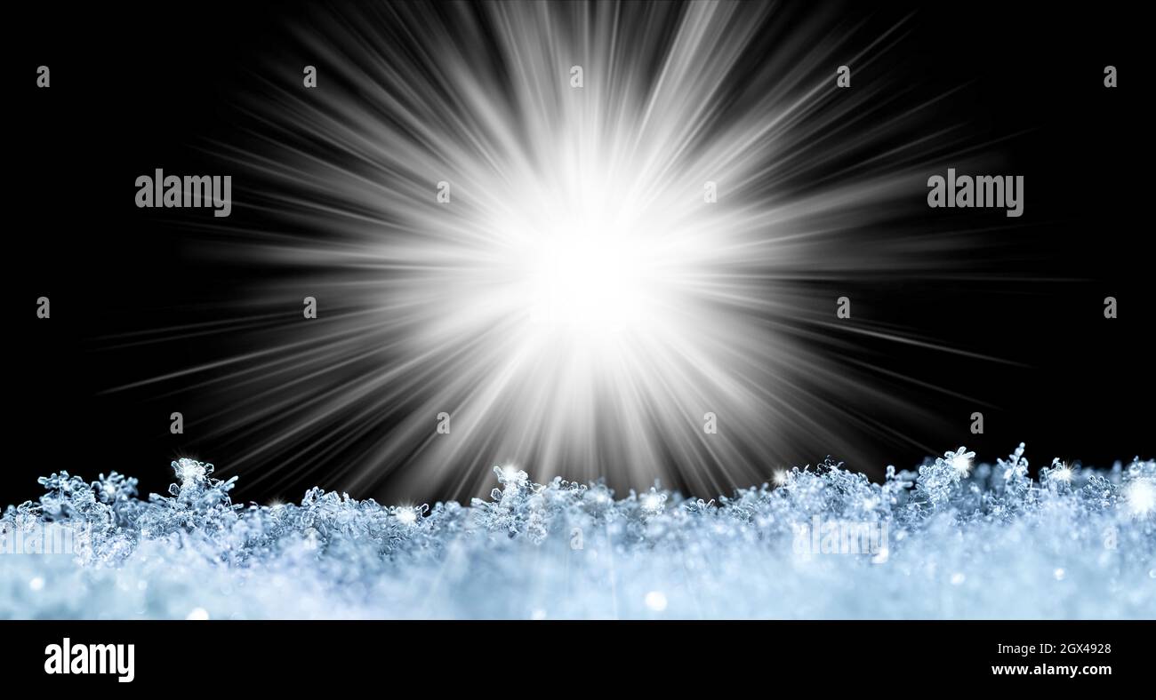 Natural snow texture with snowflakes close-up, with a bright glowing ...