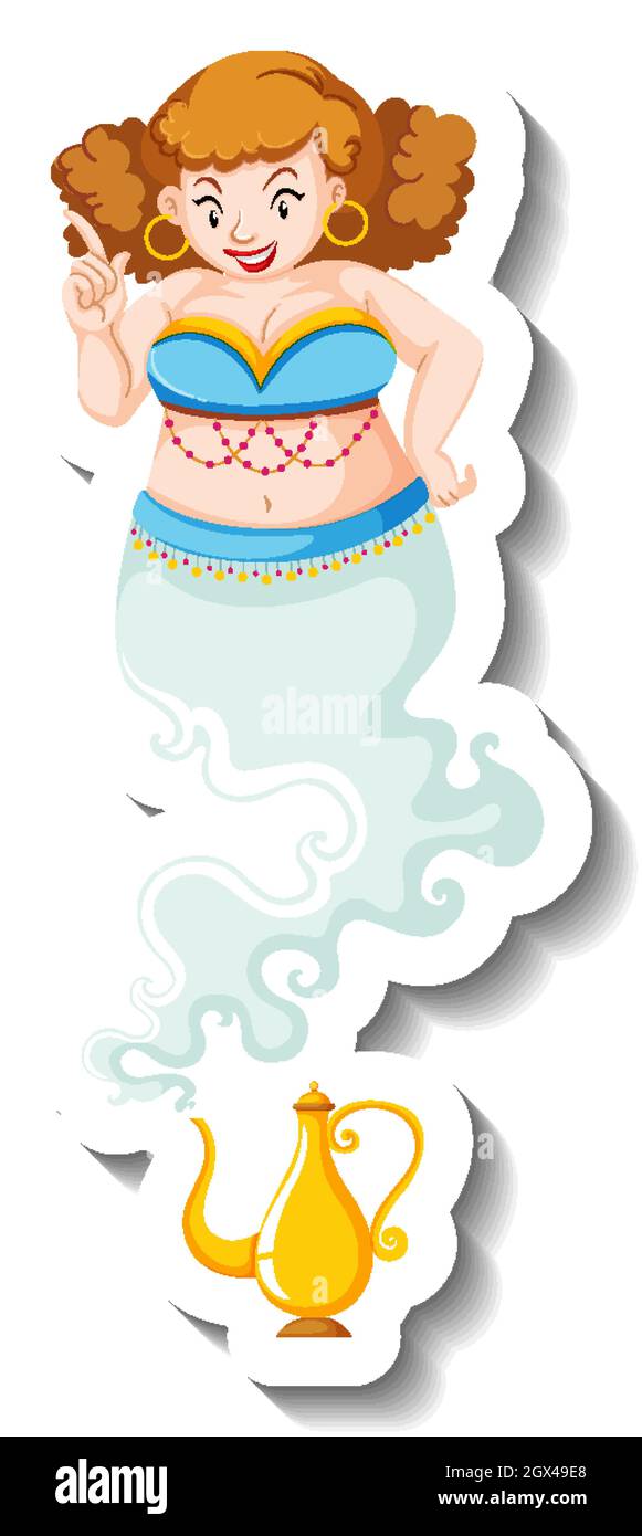 Genie Lady Coming Out Of Magic Lamp Cartoon Character Sticker Illustration Stock Vector Image
