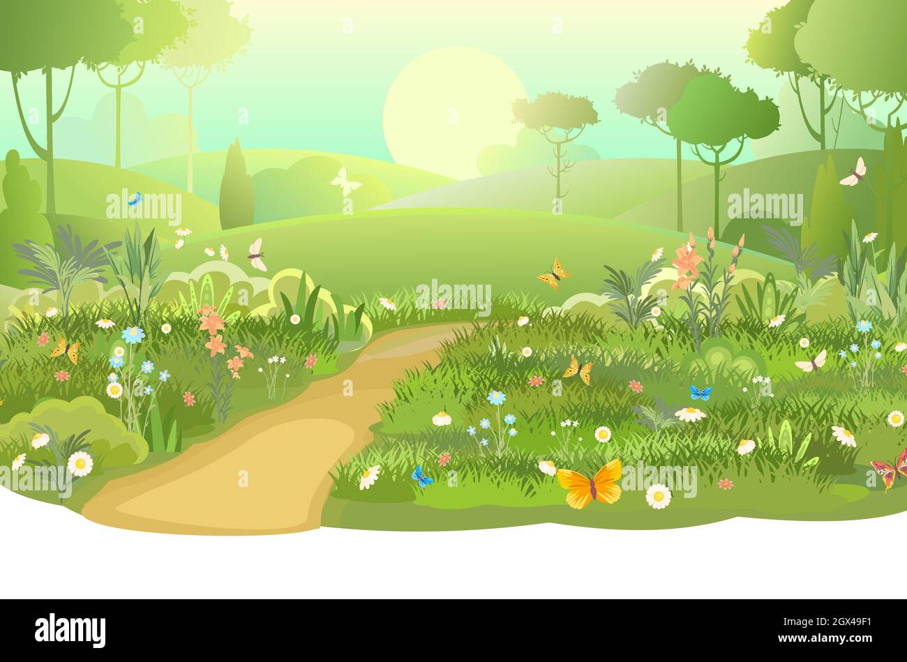 Road. Amusing beautiful forest landscape. Trail. Cartoon style. Leaves ...