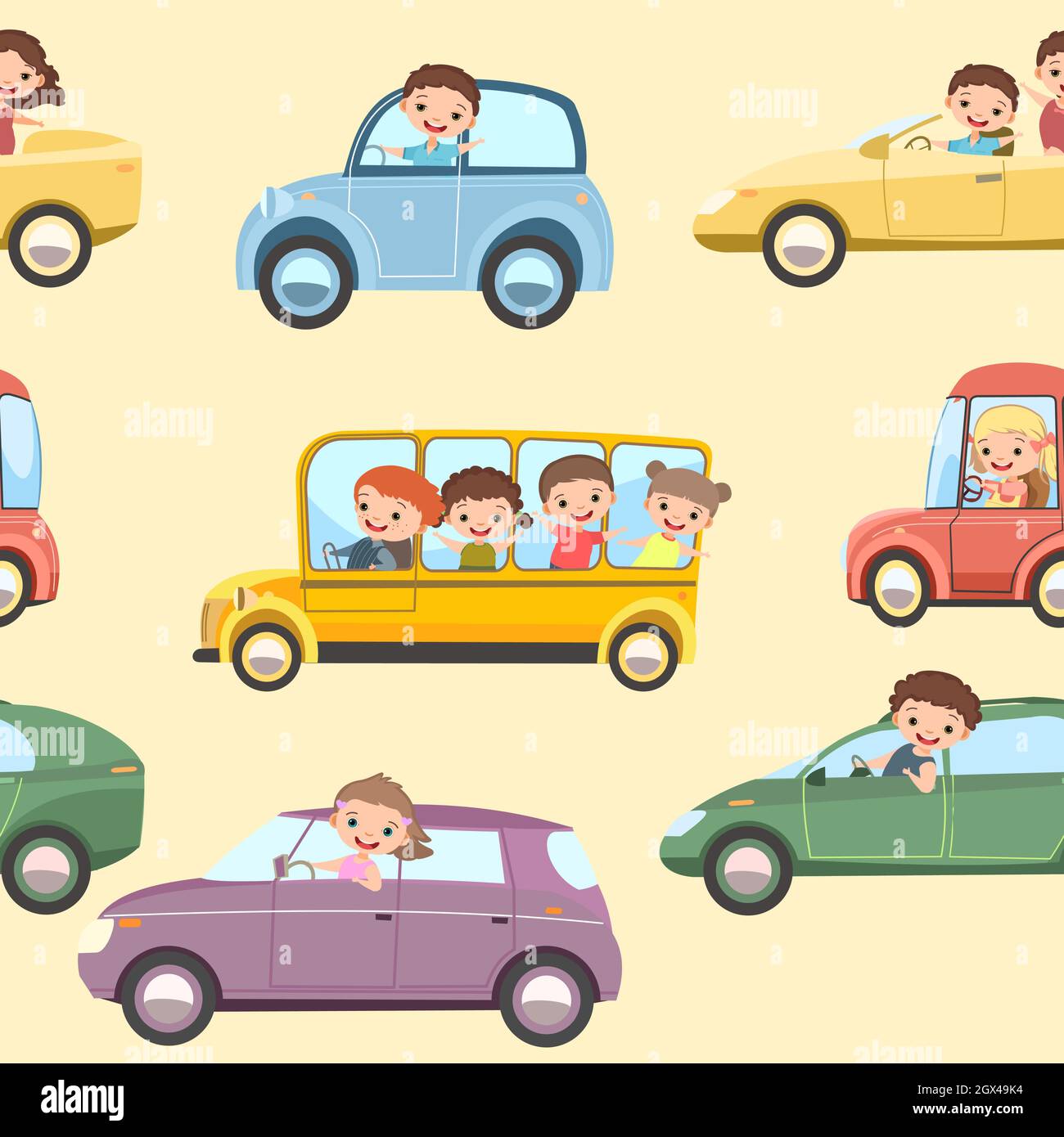 Children drive cars. Seamless cartoon pattern. Kids motorists. Smiles ...