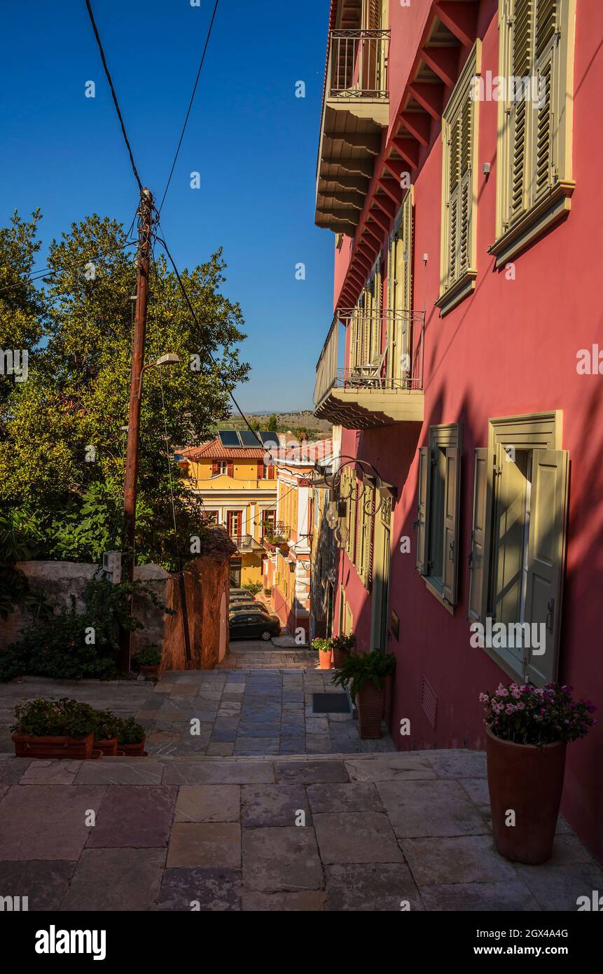 Beautiful decorated streets of Nafplion with traditional architectural ...