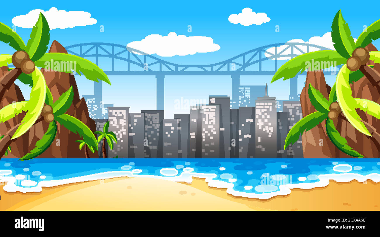 Tropical beach landscape scene with cityscape background Stock Vector ...
