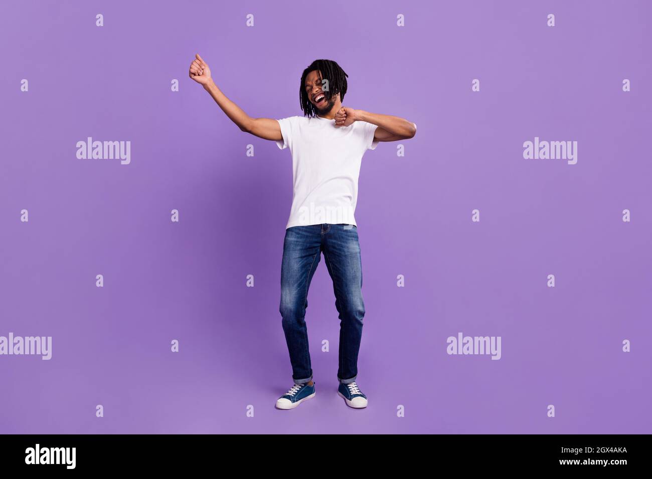 Full length body size view of attractive cheerful guy dancing having ...