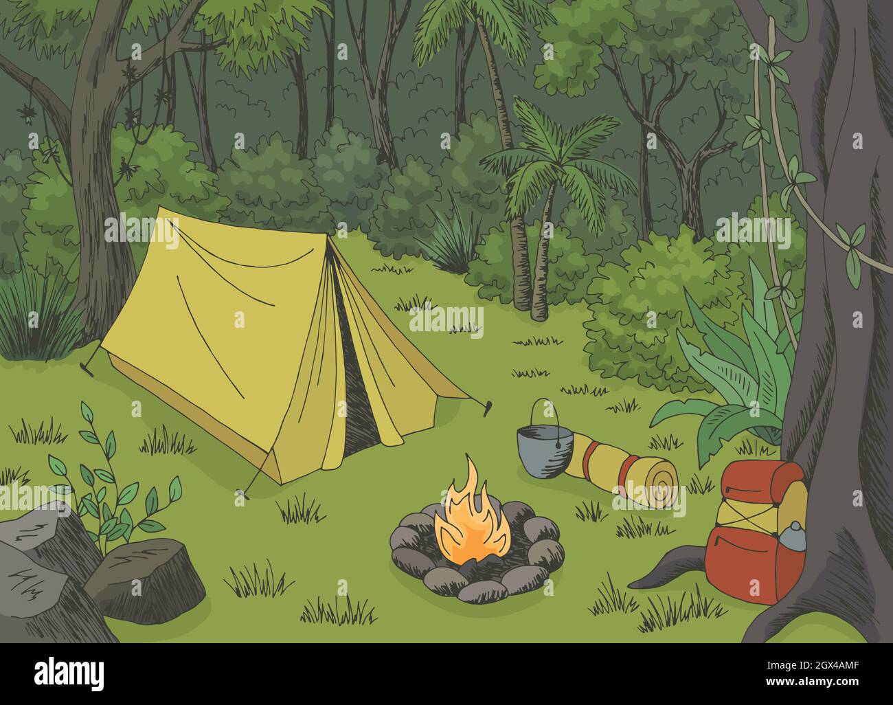 Jungle camping rain forest graphic color landscape sketch illustration ...