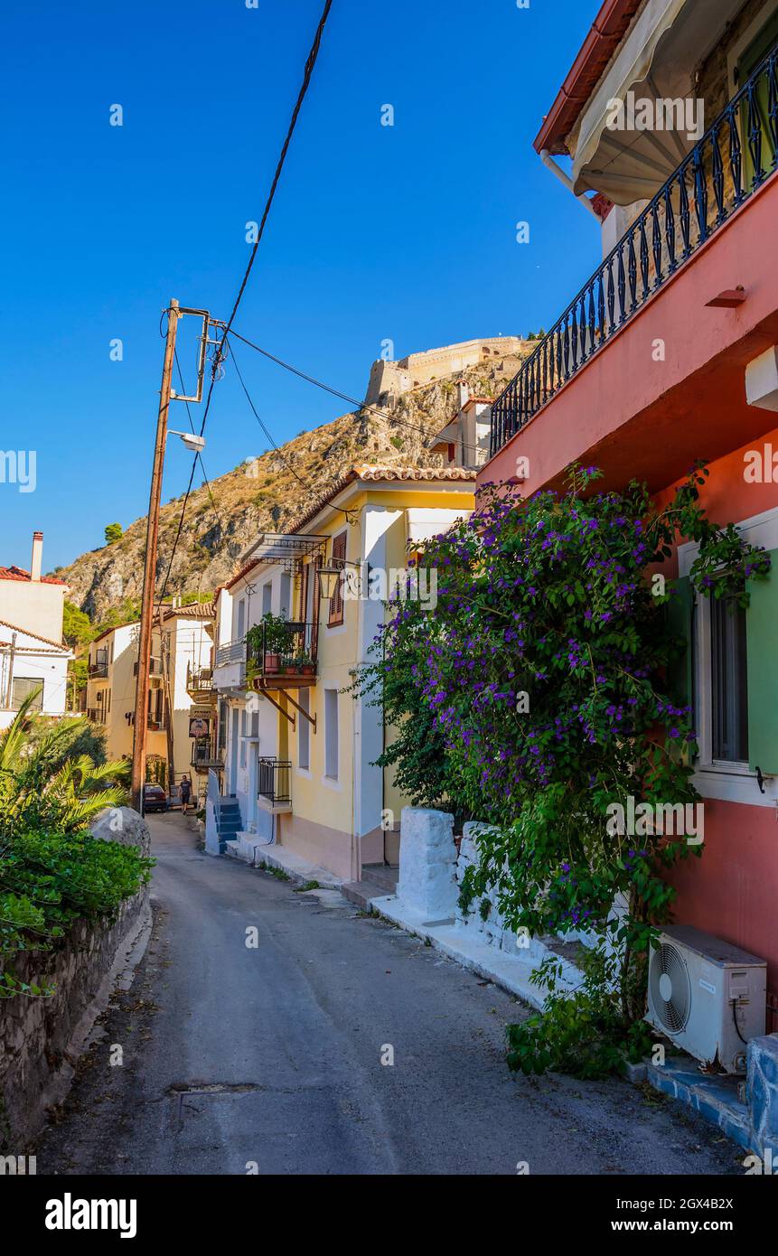 Beautiful decorated streets of Nafplion with traditional architectural ...