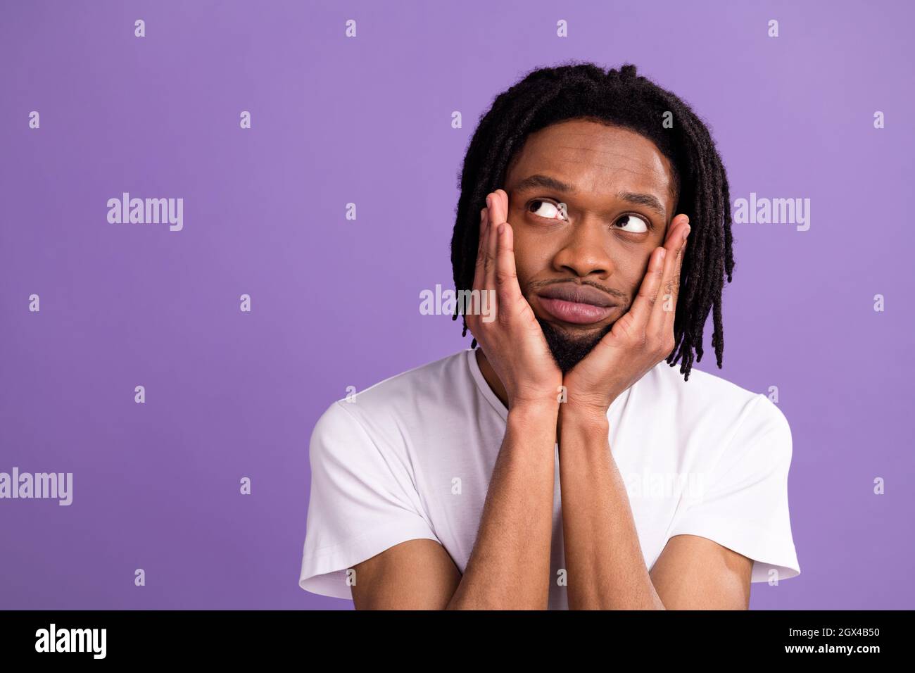 Portrait of attractive curious guy overthinking copy blank place space ...