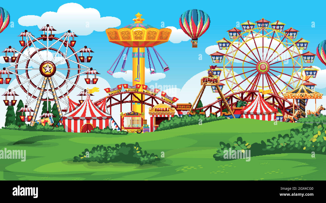 Fun fair amusement park in background of a field Stock Vector Image ...