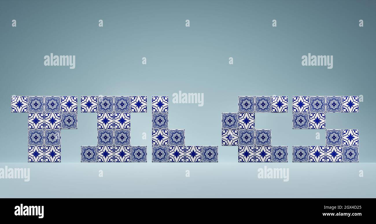 3D rendering of Floral Wall Ceramic Tiles arranged into TILES word on ...