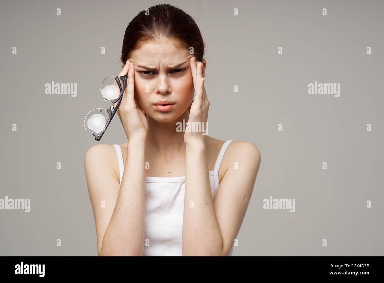 woman poor eyesight health problems negative isolated background Stock ...