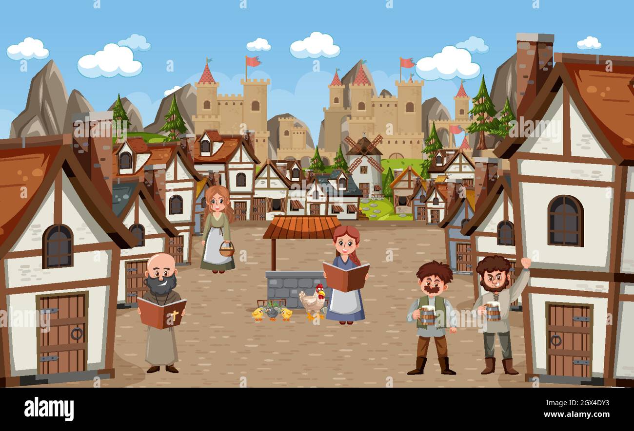 Medieval town scene with villagers illustration Stock Vector Image ...