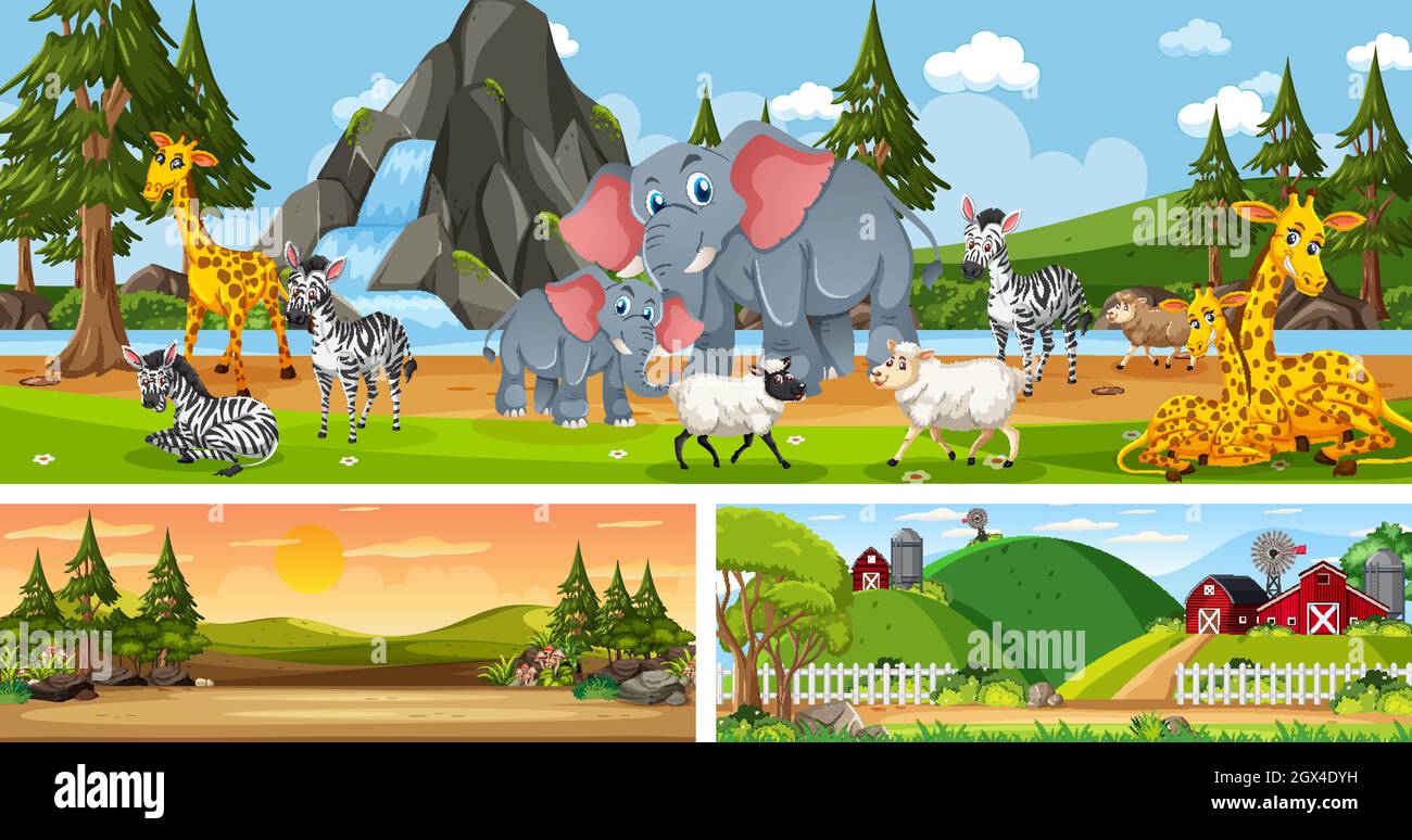 Set of outdoor panoramic landscape with cartoon character illustration ...
