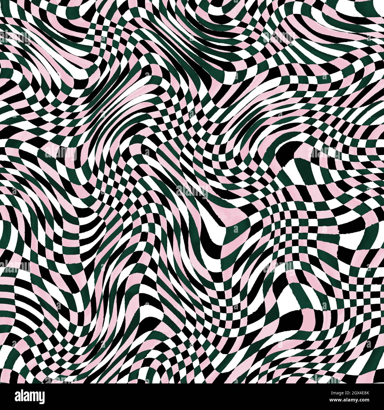 Abstract trendy wavy gingham plaid background. Hand drawn green, pink ...